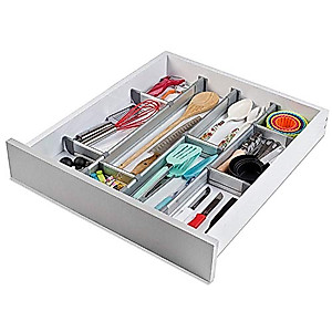 Practical Comfort Drawer Dividers, 9 pcs adjustable drawer dividers set, Made from high strength aluminum, 3 Main expandable drawer divider expand From 17.5" to 19.7" + 6 Sliding Separators 3.8"