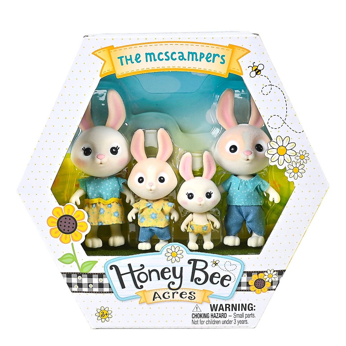 Honey Bee Acres The McScampers Rabbit Family, 4 Mini Flocked Doll Play Figures, Bunny Collectibles, Pretend Play Toys for Kids, Valentines, Easter Basket, Birthday Gift for Girls 3+