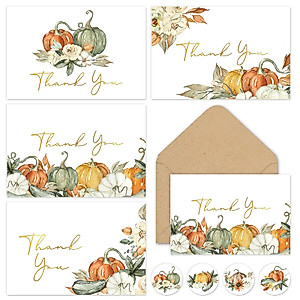 Whaline 32 Packs Fall Pumpkin Gold Foil Thank You Cards Autumn Watercolor Greeting Cards Blank Note Cards with Envelopes and Stickers for Thanksgiving Birthday Baby Shower Party, 4 x 6 Inch