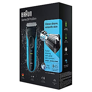 Braun Series 3 ProSkin 3010s Electric Shaver, Rechargeable and Cordless Wet and Dry Electric Razor for Men, Black/Blue