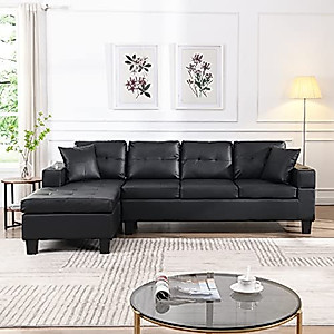 EMKK Black Sectional Sofa with 2 Pillows Modern Modular L Shaped Convertible Corner Armrest Storage Right Chaise Longue, Upholstered Sofá Bed for Living Room and Apartment