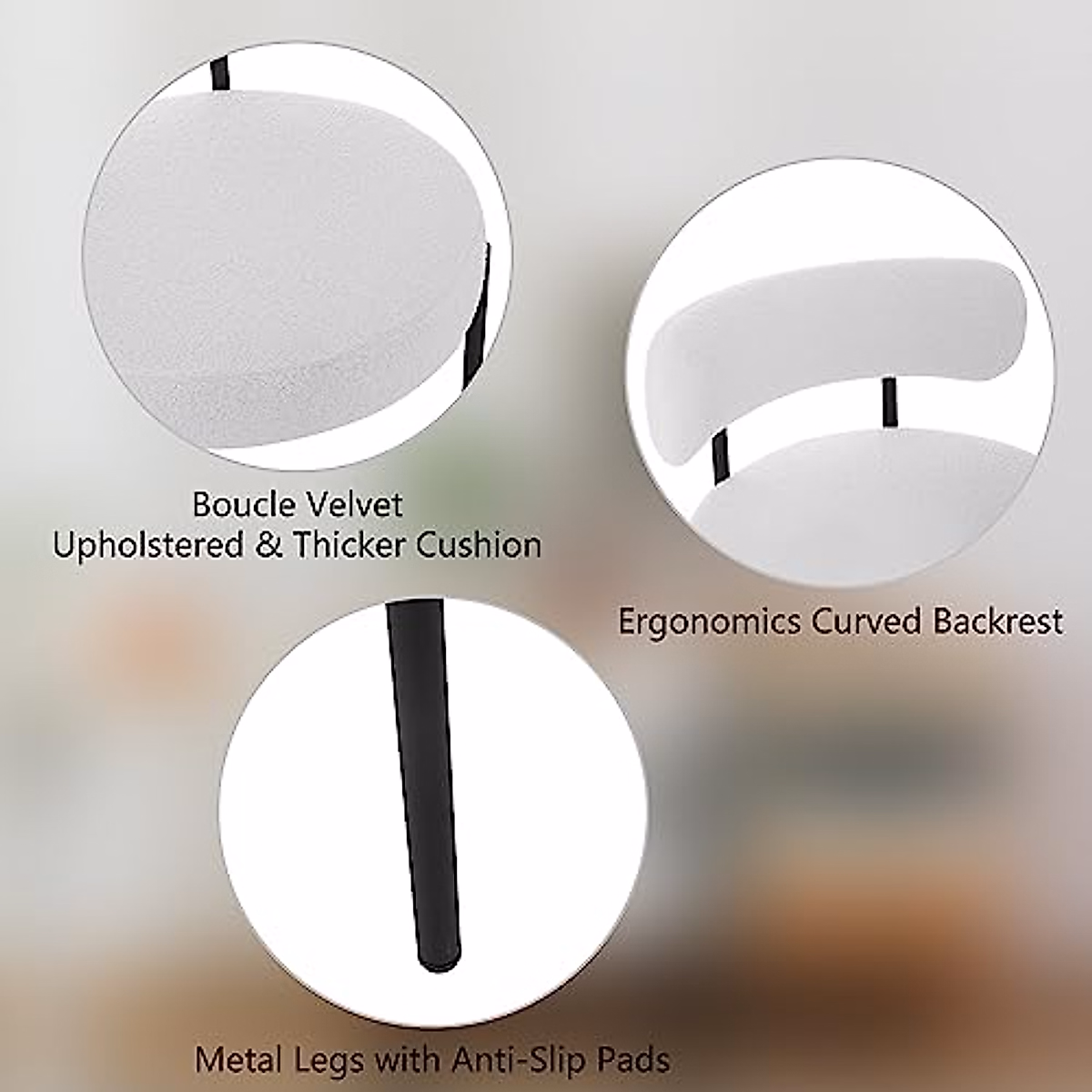 RIGHTPARTS Boucle Dining Chairs Set of 2, Modern Upholstered Tufted Dining Room Chairs, Mid Century Furry Round Kitchen Chairs Curved Backrest Metal Legs Easy Assemble (White, 2)