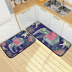 BOENLE Kitchen Rugs and Mats Non Skid Washable Kitchen Rug Set 2 Piece Elephant Tiger Flower Carpet Ergonomic Comfort Standing Mat for Kitchen,Bathroom, Laundry