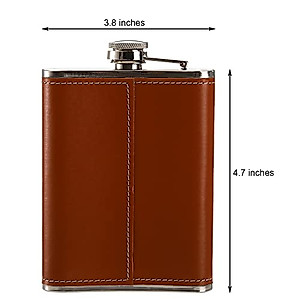 Suwimut 6 Pack Flask for Liquor and Funnel, 8 oz Leak Proof 18/8 Stainless Steel Pocket Hip Flask with Brown Leather Cover for Men Women Drinking of Alcohol, Whiskey, Rum and Vodka