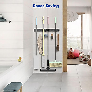 TOOVEM Mop and Broom Holder Wall Mount, Self Adhesive Heavy Duty Broom Organizer Storage Tool Racks for Home Garden Garage Laundry Room, Grey (4 Racks and 4 Hooks)