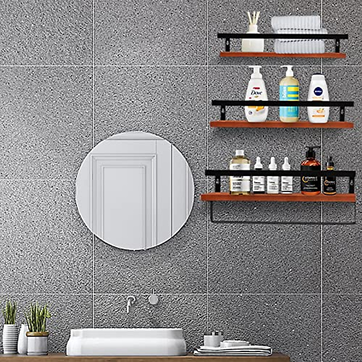 AKEYDIY Floating Shelves Wall Mounted Set of 3, Rustic Wood Wall Shelf with Metal Frame, Towel Rack for Bedroom, Living Room, Bathroom, Kitchen, Office and More