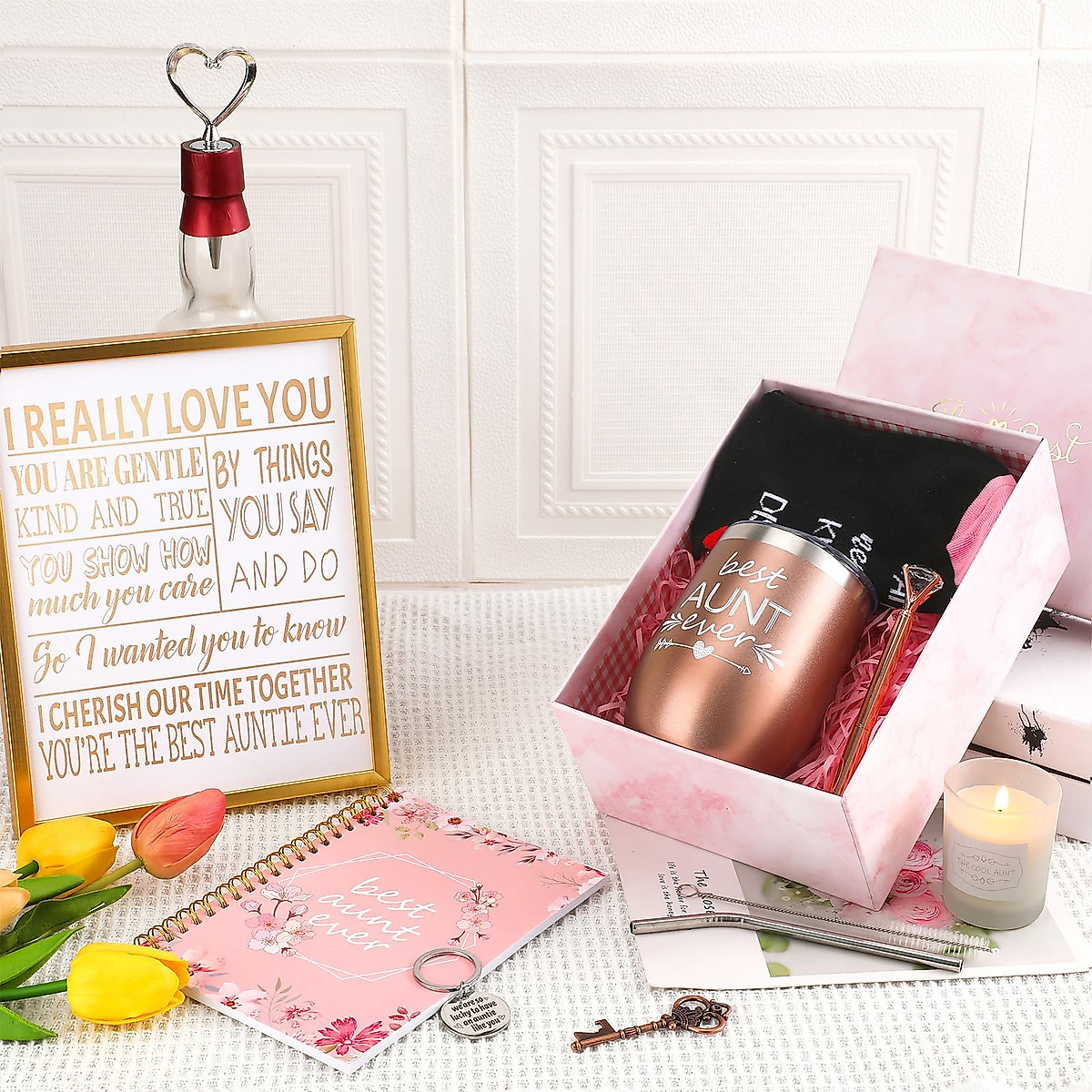 Didaey 11 Pcs Mother's Day Gift for Women, Wife Gifts Aunt Gifts Gifts, Aunt Wife Birthday Gifts 12oz Tumbler Keychain Socks Candle Notebook(For Aunt)