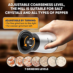 Homaider Electric Salt and Pepper Grinder Set Rechargeable & Automatic - for Spices, Salt and Pepper - Wooden Stand, Brush, LED Lights, x2 Charging Cables and Adjustable Coarseness - Set of 2