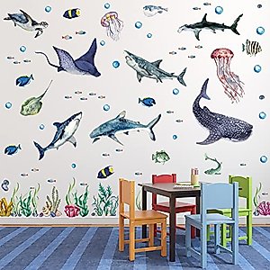 3 Pieces Large Watercolor Sharks Wall Decals Ocean Animal Peel and Stick Wall Sticker Under The Sea Marine Life Theme Decals Nursery Room Home Decor Boy Girl Kid Party Supply, 11.2 x 34.6 Inches