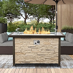 U-MAX Outdoor Propane Gas Fire Pit Table, 44 Inch 50,000 BTU Gas Auto-Ignition Rectangle Firepit for Patio with Brown Faux Stone Surface,Tempered Glass Lid & Glass Stone Rock CSA Certification