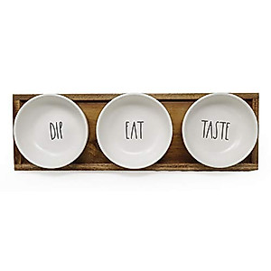 Rae Dunn By Magenta 4 Piece DIP EAT TASTE Ceramic LL Dip Bowl Serving Platter Set With Wood Tray 2019 Limited Edition
