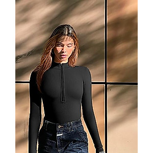 OQQ Women's 2 Piece Bodysuits Sexy Ribbed One Piece Zip Front Long Sleeve Tops Bodysuits Black White