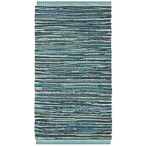 SAFAVIEH Rag Rug Collection 3' x 5' Turquoise / Multi RAR127C Handmade Boho Stripe Cotton Area Rug