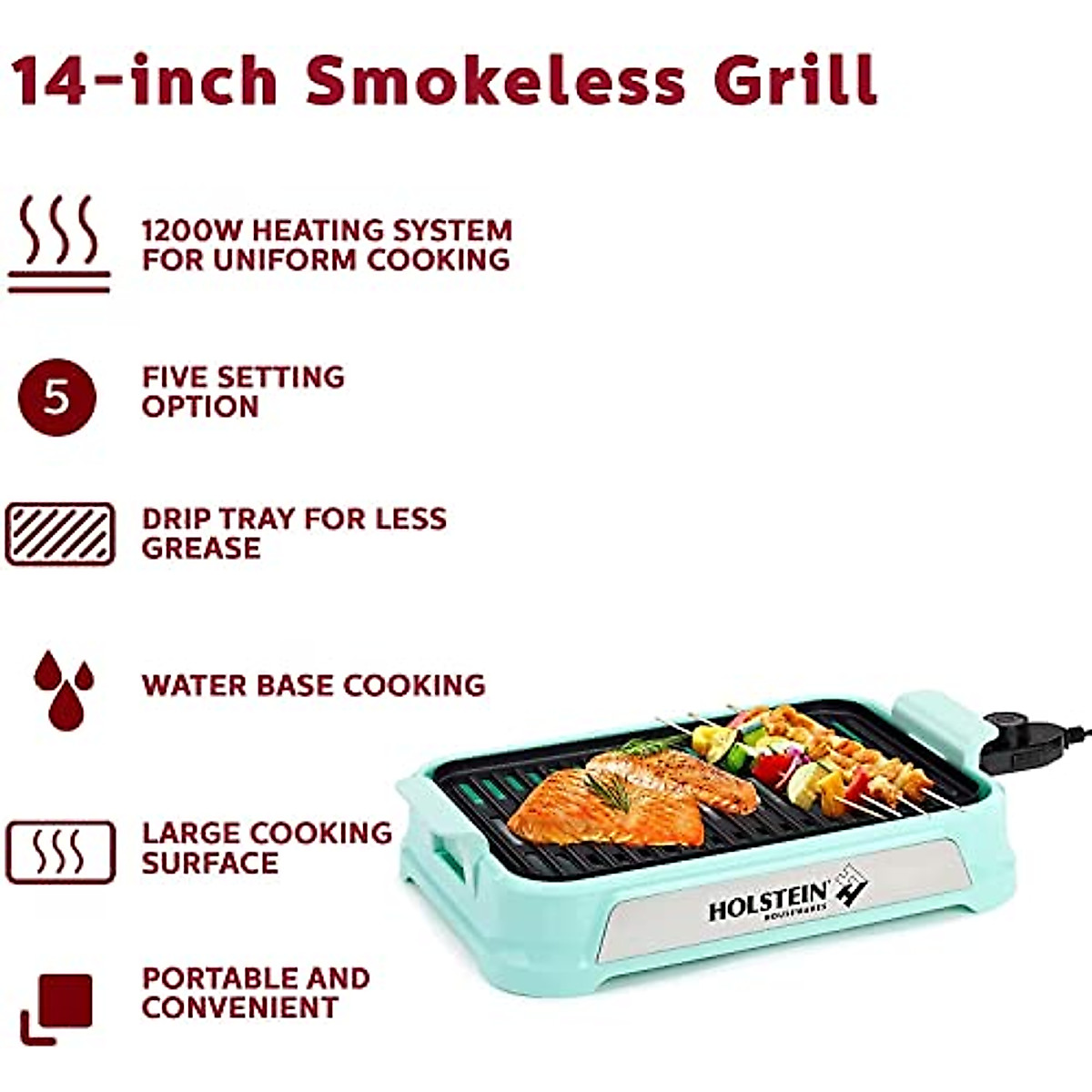 Holstein Housewares - 1200W 14 Inch Smokeless Grill, Mint - Convenient and User Friendly with Optimal Cooking HH-09114009I