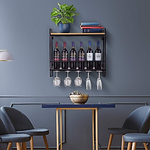 Sorbus Wine Bottle Stemware Glass Rack, Industrial 2-Tier Wood Shelf, Wall Mounted Wine Racks with 5 Stem Glass Holders for Wine Glasses, Flutes, Mugs, Home Décor, Metal