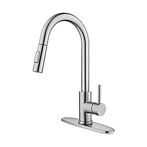 Tohlar Kitchen Sink Faucets with Pull-Down Sprayer, Modern Stainless Steel Single Handle Pull Down Sprayer Faucet with Deck Plate