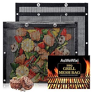 2 Pack BBQ Mesh Grill Bags for Outdoor Grill Reusable, 12 x 9.5 Inch Barbecue Bags Non-Stick for Open Smokers, BBQ Veggie Grill Bags for Cooking Vegetables Grilling Bag Pouches with Snap Button