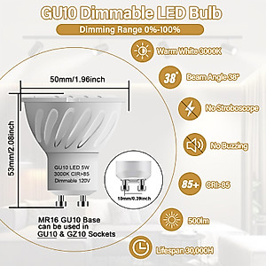 VITUNOV GU10 LED Bulb Dimmable, 50W Halogen Equivalent, Warm White 3000K, 120V 5W 500LM MR16 Spotlight Bulbs for Track Recessed Accent Ceiling Lighting, 6 Pack