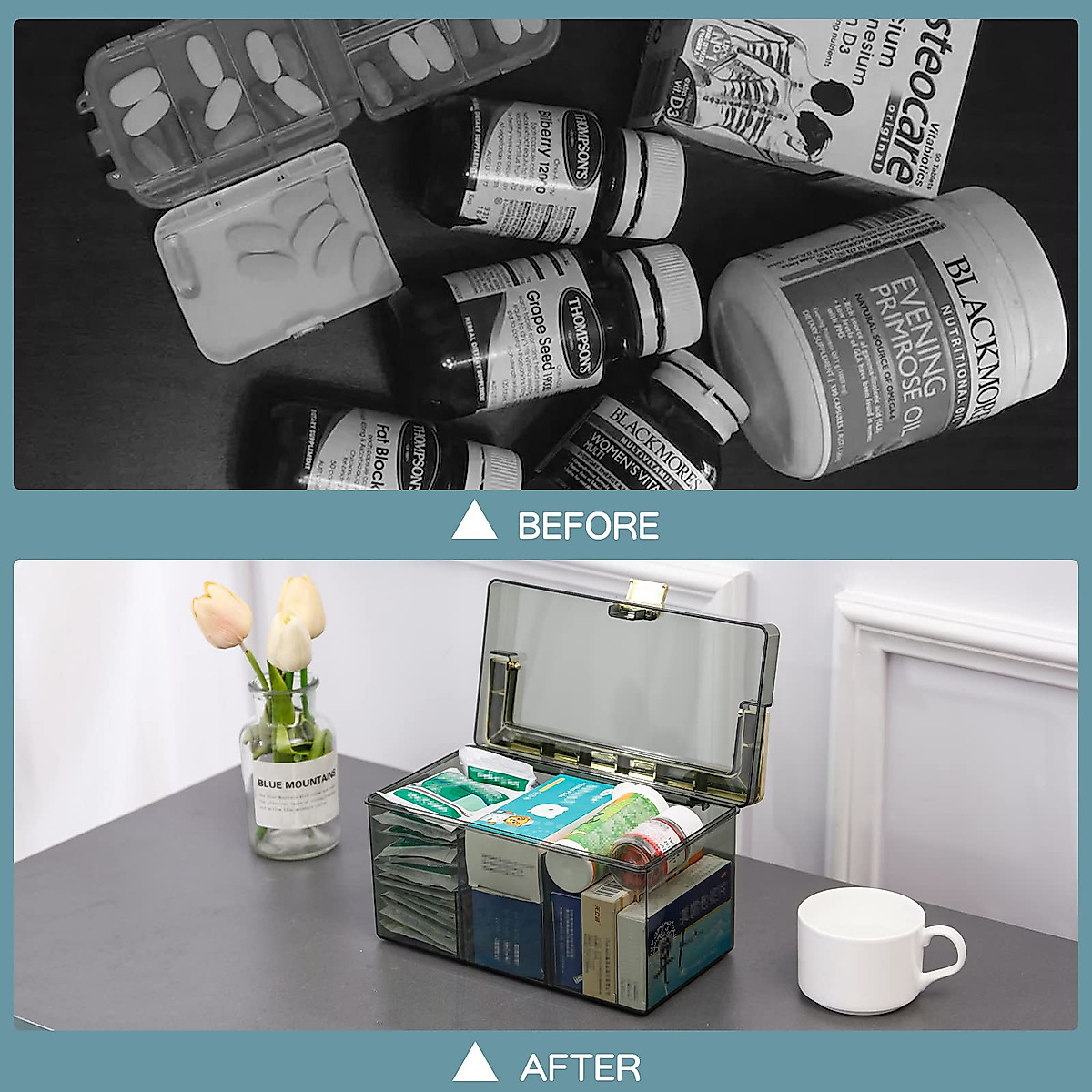 FABROK Plastic First Aid Kit Storage Box, Clear Medicine Box with Handle for Travel, Portable Craft Storage Box for Face Mask Sewing Kit Tool Organizing(Green)