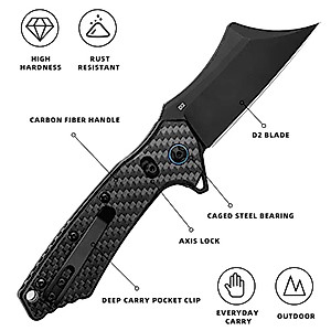 AEMEXT Pocket Knife EDC Folding Knife Assisted Opening Knives with D2 Steel Blade and Carbon Fiber Handle for Outdoor Tactical Survival Camping Hiking Fishing, Black Pocket Knife for Men & Women
