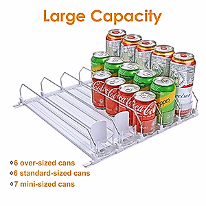 BUDO Drink Dispenser for Fridge, Self-Pushing Adjustable Width Beverage Water Beer Storage Holder for Kitchen Pantry, Holds up to 30 Cans (White, 16.4inch)