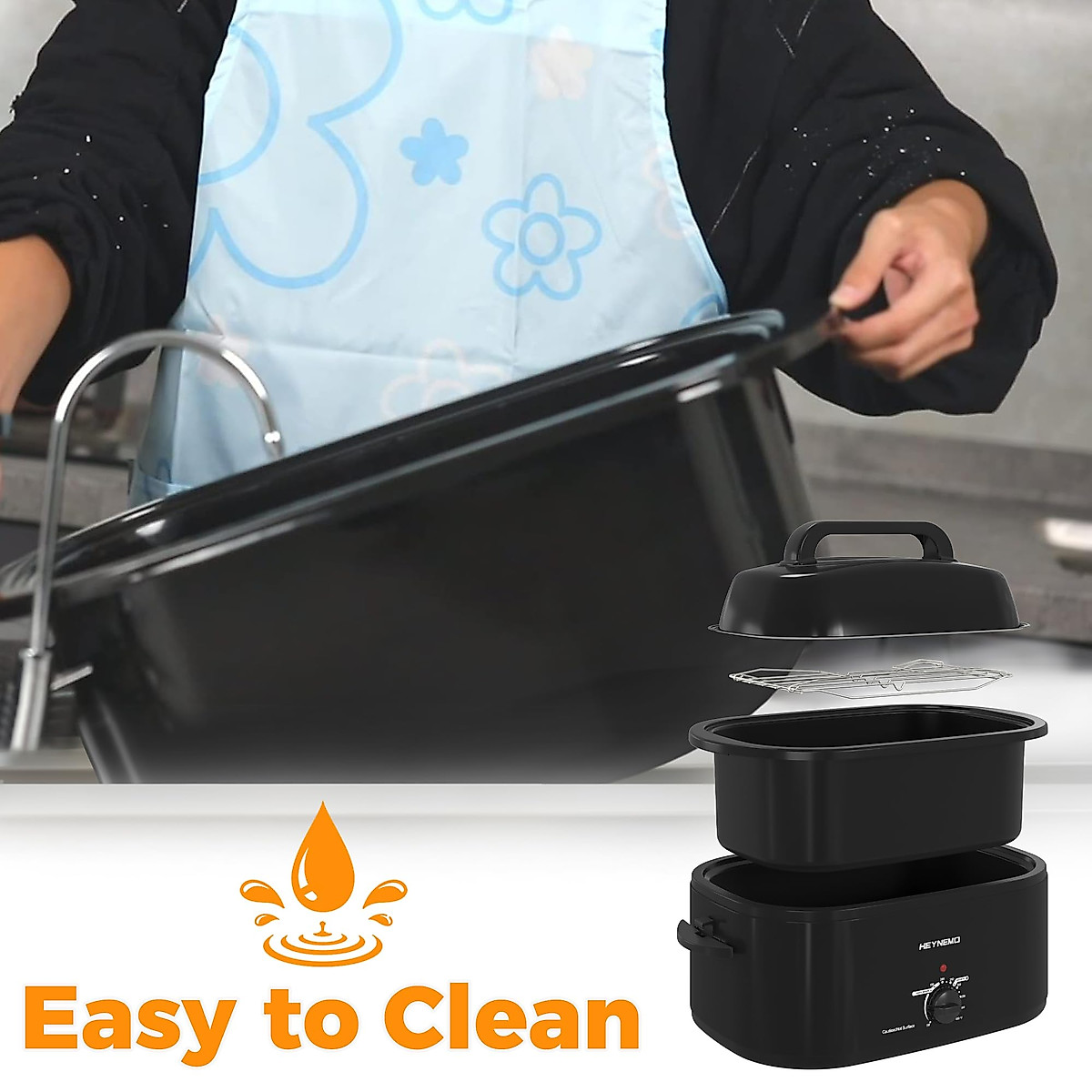 26 Quart Electric Roaster Oven with Visible & Self-Basting Lid, Large Turkey Roaster with Defrost Warm Function, Adjustable Temperature, Removable Pan Rack, Stainless Steel, Black