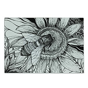 Lunarable Nature Cutting Board, Bee on a Flower Honey Floral Mother Earth Phase Wildlife Digital Print Art, Decorative Tempered Glass Cutting and Serving Board, Large Size, Black White