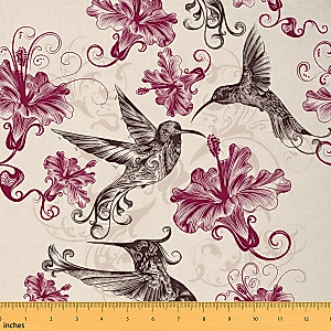 Hummingbird Fabric by The Yard Vintage Purplish Red Flowers Plant DIY Craft Hobby Fabric by The Yard Wild Bird Animal Decorative Fabric for Upholstery and Home Accents,3 Yards