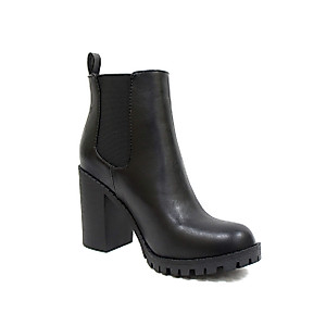 Soda Glove - Ankle Boot w/Lug Sole Elastic Gore and Chunky Heel (7.5, Black (PU))
