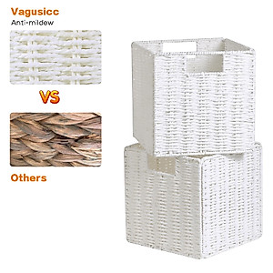 Vagusicc Wicker Storage Basket, Set of 2 Hand-Woven Storage Baskets for Organizing, Foldable Cube Storage Bins, 11 Inch Wicker Storage Baskets for Shelves and Decor, Square Closet Organizer, White