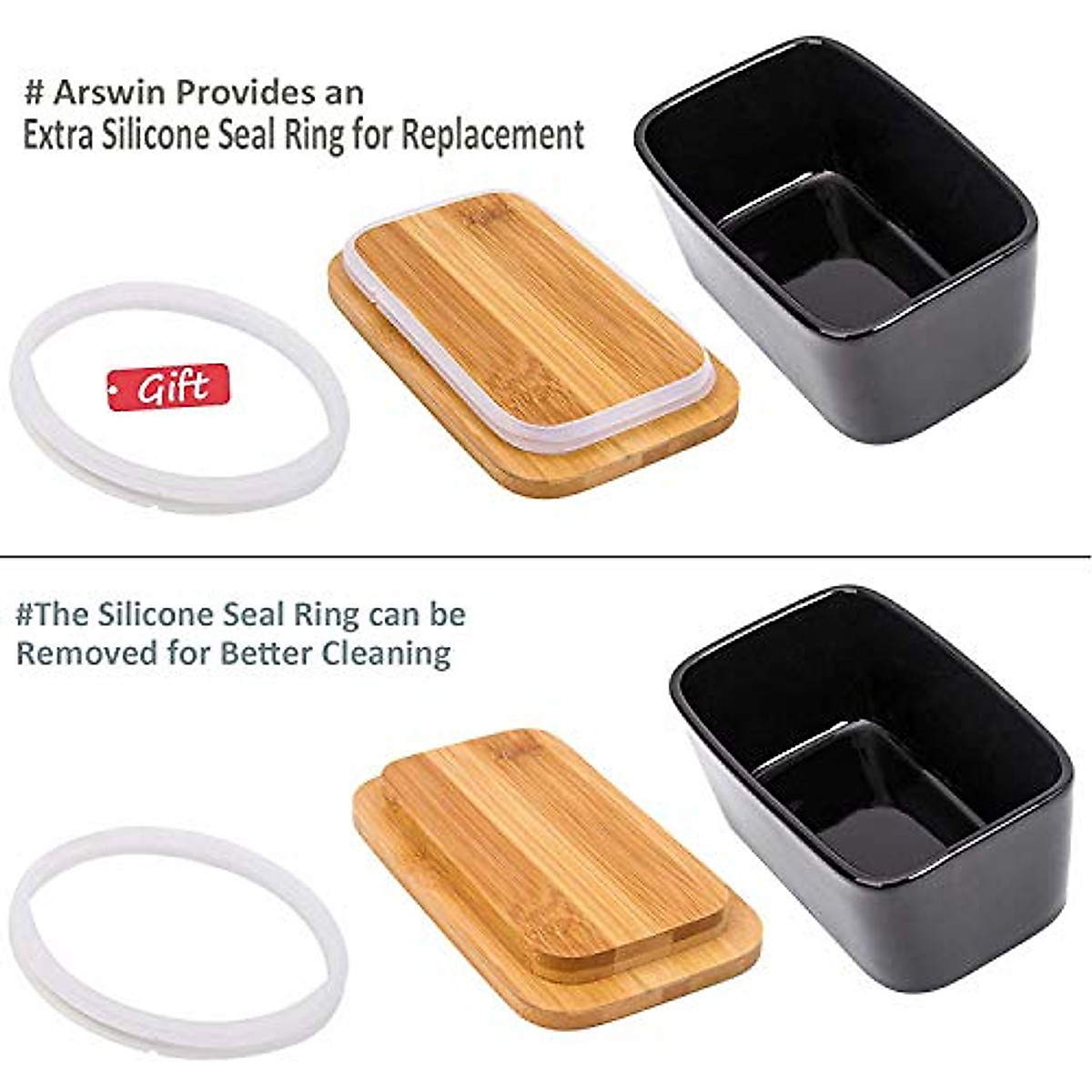 Butter Dish with Cover and knife-Ceramics Butter Container with Bamboo Lid for Countertop,Larger Butter Dishes with Covers Perfect for East West Coast Butter(Black with Words)