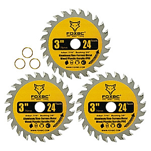 FOXBC 3 Inch Circular Saw Blade 24T Carbide Cuts for Wood, Plastic, PVC, Acrylic, Aluminum with 7/16" Arbor, Compatible with Dewalt, Dremel, Ryobi, Worx, Milwaukee, Ultra-Saws, RotoZip Saws - 3 Pack