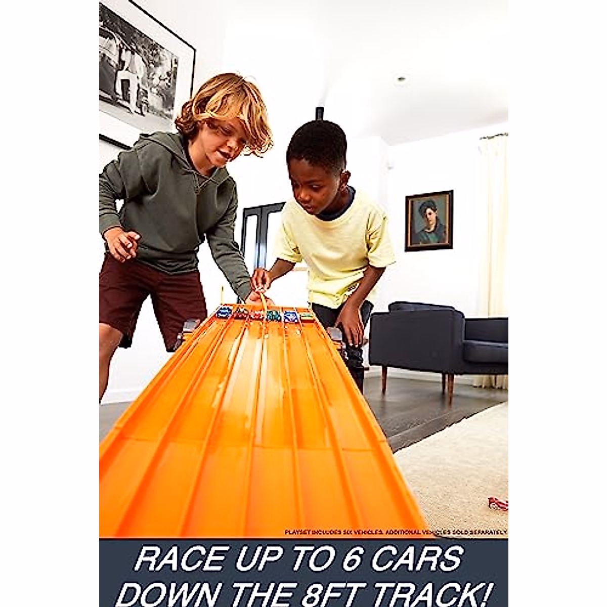 Hot Wheels Toy Car Track Set Super 6-Lane Raceway, 8Ft Track That Rolls Up for Storage, 6 1:64 Scale Cars