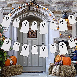 Halloween Hanging Ghost Banner -White Glittery Halloween Party Banner for Haunted Houses Doorways Indoor Outdoor Home Mantel Decorations Supplies (2 Pack)