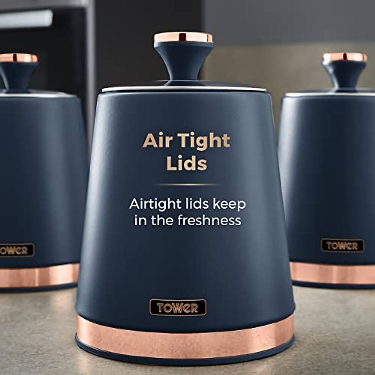 Tower T826131MNB Cavaletto Set of 3 Storage Canisters for Tea/Coffee/Sugar, Steel, Midnight Blue and Rose Gold