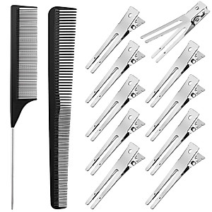 Patelai 52 Pcs Professional Comb Set Carbon Fiber Hair Combs for Women Men Include Rat Tail Taper 50 Double Prong Curl Clips for All Hair Types Natural Curly(Black)