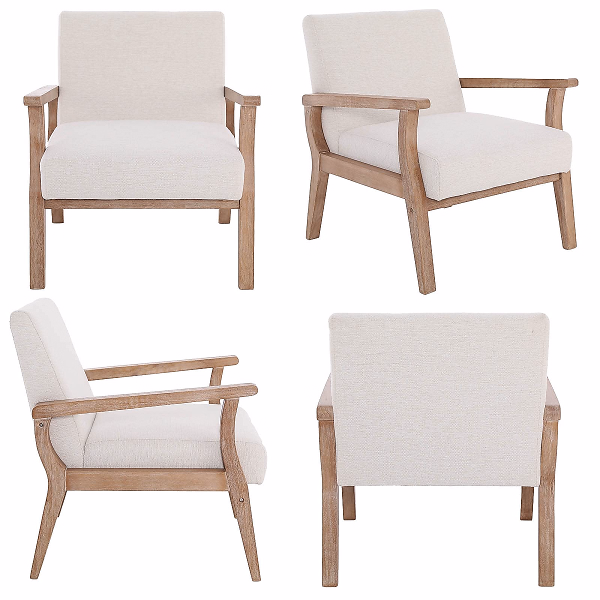 Wahson Set of 2 Mid Century Armchair with Wood Frames, White Linen Upholstered Farmhouse Living Room Chair, for Living Room Bedroom, Ivory