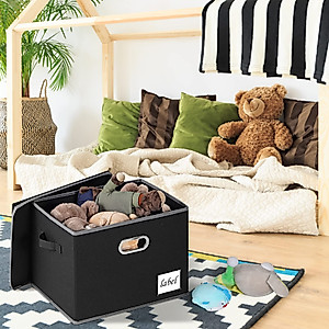 PFFVRP Extra Large Storage Bins with Lids, 16"x12"x12" Foldable Linen Fabric Storage Boxes with Lids, Storage Basket with Lid with Handles and Label, Storage Bin for Living Room Closet Office (Black)