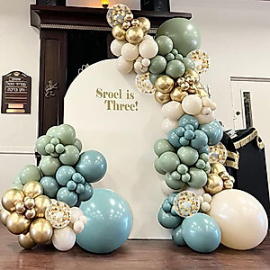 Sage Green Blue Balloons Garland kit, 138pcs Dusty Blue Sand White and Gold Balloons for Boys Baby Shower Wedding Birthday Jungle Safari Woodland Wild One Party Decorations………