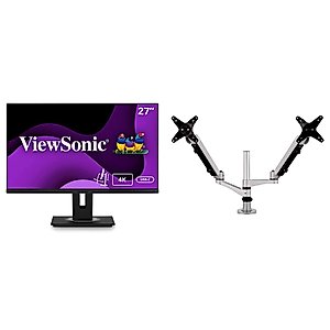 ViewSonic VG2756-4K 27 Inch IPS 4K USB-C Docking Monitors and LCD-DMA-002 Spring-Loaded Dual Monitor Mounting Arm with Vesa Mount