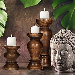 Descent Art Designs Rounded Turned Colums Candle Stands Sustainable Wooden for Taper Candles, Country Style, Idle for Farmhouse Living Room Wedding Party Home décor - 8,6,4 Inch Set of 3 - Burnt