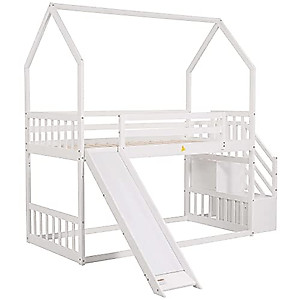 BOVZA Twin Over Twin House Bunk Bed with Convertible Slide, Wood Bunk Bed Frame with Stairs and Roof for Kids, Teens, Girls, Boys, White