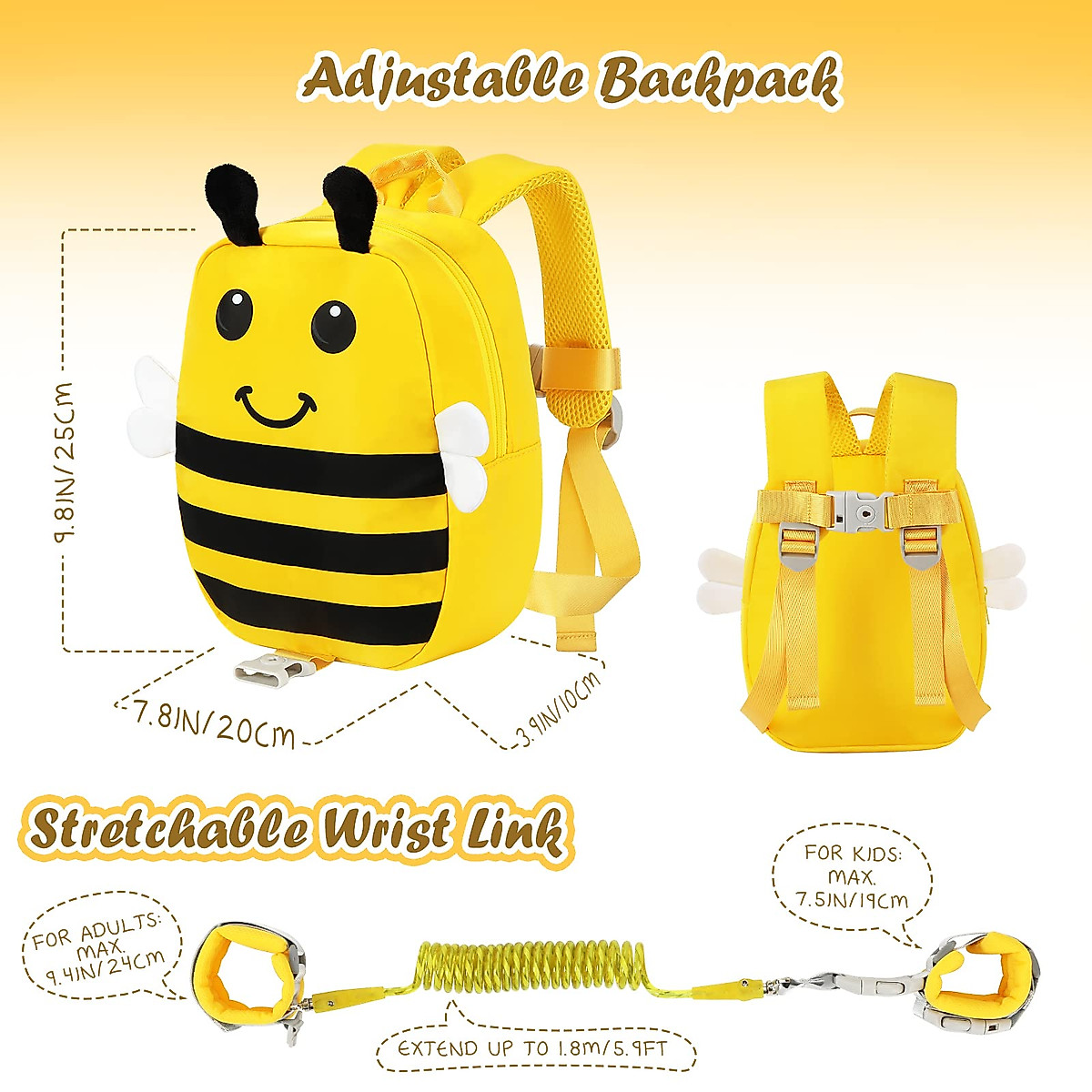 Zooawa Toddler Harness Backpack with Leash, 2 in 1 Cute Bee Kid Backpack with Anti Lost Wrist Link, Toddler Backpack Harness with Safety Leash for 1-4 Years Old Baby Boys Girls