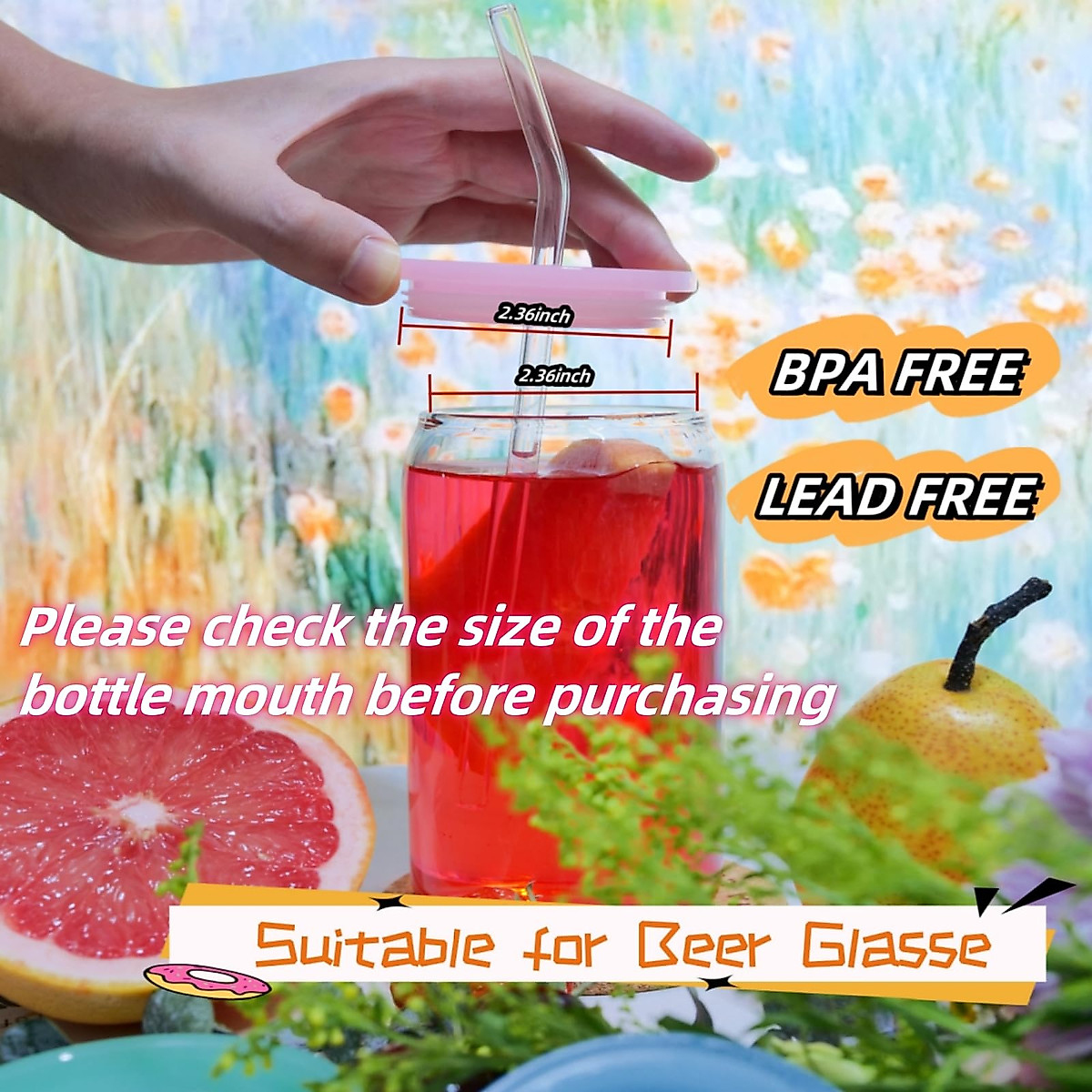 TERESRY 4 Pack Acrylic Lids for Glass Cups with Bamboo Lids and Straws, 2.75 inch/70 mm Acrylic Lids for 16 OZ Beer Can Cups with Wooden Lids, Replacement Canning Lids for 20 OZ Glass Cups