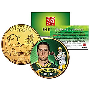 Aaron Rodgers Colorized Wisconsin Statehood Quarter 24K Gold Plated Coin Packers