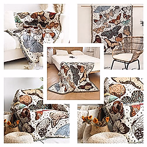 tiowik Butterflies Throw Woven Blanket with Tassel for Home Decoration Chair Couch Sofa Bed Beach Travel Picnic Cloth Tapestry Shawl Cozy Cotton (White 63×51 Inches)