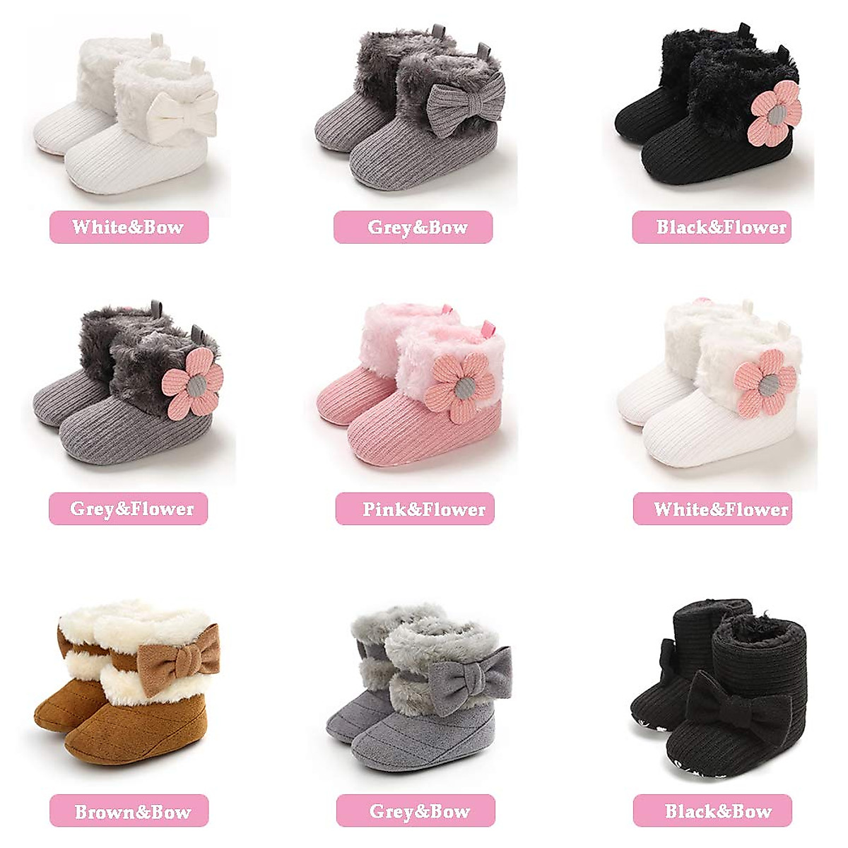 E-FAK Baby Boy Girl Boots Newborn Shoes Winter Snow Bowknot Anti-Slip Soft Sole Warm Infant Toddler Prewalker Booties(02 Black, 0-6 Months)