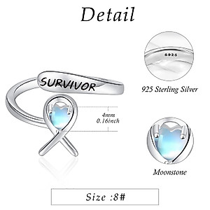 Dreamboat Breast Cancer Rings for Women Heart Ring 925 Sterling Silver Adjustable Open Rings Moonstone Ring Breast Cancer Jewelry Survivor Gifts