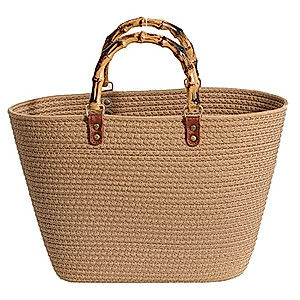 Women Straw Large Tote Bag Retro Bamboo Handle Strip Beach Handbag Summer Woven Handmade Elegant Travel Purse