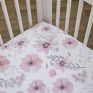 Little Love by NoJo Beautiful Blooms Pink and White Floral Fitted Crib Sheet